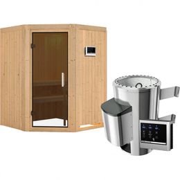 Karibu Sauna Nanja, Easy Finnisch 3,6 kW Ofen, Ganzglast&uuml;r,graphit,ohne Dachkranz