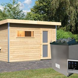 Karibu Saunahaus Skrollan 1 Naturbelassen, 9 kW ext. Steuerung Easy Finnisch, Milchglas