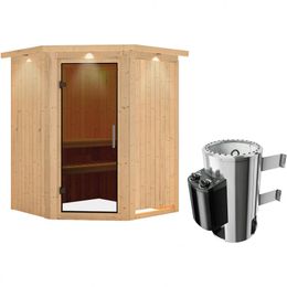 Karibu Sauna Nanja, 3,6 kW Ofen, Plug&Play int. Steuerung, Ganzglast&uuml;r,graphit,mit Dachkranz
