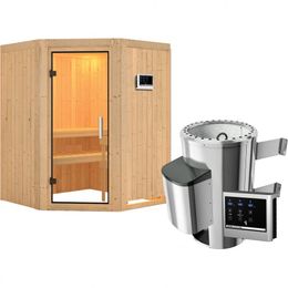 Karibu Sauna Nanja, Easy Finnisch 3,6 kW Ofen, Ganzglast&uuml;r,Klarglas,ohne Dachkranz