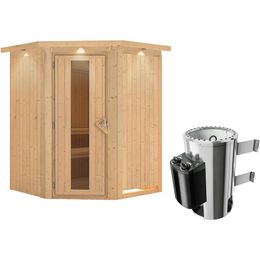 Karibu Sauna Nanja, 3,6 kW Ofen, Plug&Play int. Steuerung, Holzt&uuml;r mit Isolierglas,Klarglas,mit Dachkranz