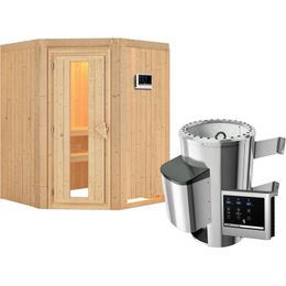 Karibu Sauna Nanja, Easy Finnisch 3,6 kW Ofen, Holzt&uuml;r mit Isolierglas,Klarglas,ohne Dachkranz