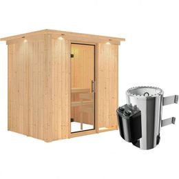 Karibu Sauna Fanja, 3,6 kW Ofen, Plug&Play int. Steuerung, Ganzglast&uuml;r,Klarglas,mit Dachkranz