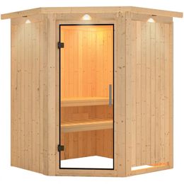 Karibu Sauna Nanja, ohne Ofen, Ganzglast&uuml;r,Klarglas,mit Dachkranz