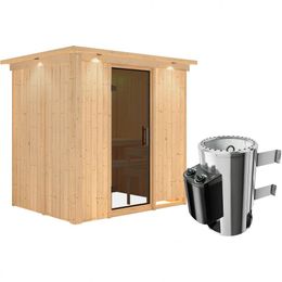 Karibu Sauna Fanja, 3,6 kW Ofen, Plug&Play int. Steuerung, Ganzglast&uuml;r,graphit,mit Dachkranz