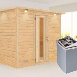 Karibu Sauna Sonara, 9 kW int. Steuerung, Holzt&uuml;r mit Isolierglas,Klarglas,mit Dachkranz