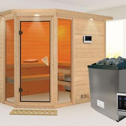 Karibu Sauna Sinai 3, 9 kW ext. Steuerung Easy Finnisch, mit Dachkranz