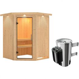 Karibu Sauna Nanja, 3,6 kW Ofen, Plug&Play int. Steuerung, Ganzglast&uuml;r,Klarglas,mit Dachkranz