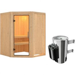 Karibu Sauna Nanja, 3,6 kW Ofen, Plug&Play int. Steuerung, Ganzglast&uuml;r,Klarglas,ohne Dachkranz