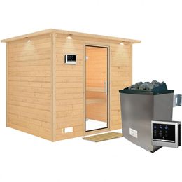 Karibu Sauna Sonara, 9 kW ext. Steuerung Easy Finnisch, Ganzglast&uuml;r,Klarglas,mit Dachkranz