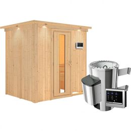 Karibu Sauna Fanja, Easy Finnisch 3,6 kW Ofen, Holzt&uuml;r mit Isolierglas,Klarglas,mit Dachkranz