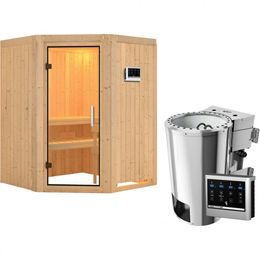 Karibu Sauna Nanja, Easy Bio 3,6 kW Ofen, Ganzglast&uuml;r,Klarglas,ohne Dachkranz