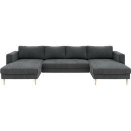 Wohnlandschaft Trendmanufaktur "Amazing, wahlw. mit Schlaffunktion & Bettkasten, Fu&szlig; Buche lackiert", dunkelgrau, B:305cm H:81cm T:161cm, Sofas, Wohnlandschaft, Sofa in U-Form, in Cord oder Struktur, Breite 305 cm