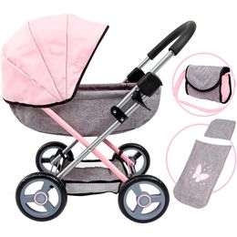 Puppenwagen BAYER "Cosy", grau (schmetterling grau, rosa), Puppenwagen, KinderB:34cm H:58cm T:63cm, Kunststoff, Metall, Stoff, mit Wickeltasche, B:34cm H:58cm T:63cm