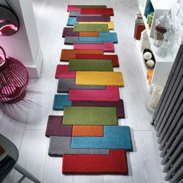 L&auml;ufer FLAIR RUGS "Abstract Collage, 100% Wolle, Karo Design", bunt (multi), B:60cm H:11mm L:230cm, Wolle, Teppiche, L&auml;ufer, Patchwork, modern, mehrfarbig, L&auml;ufer, Wohnzimmer, Flur, Schlafzimmer