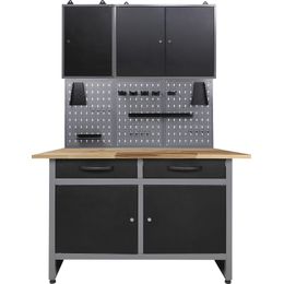 Werkstatt-Set ONDIS24, schwarz (anthrazit, schwarz, grau), B:120cm H:205cm, Massivholz, Metall, Werkb&auml;nke, 120 cm, mit Lochwandsystem inkl. Haken