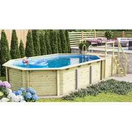 Achteckpool Karibu "PALMA Set C BxLxH: 358x569x124 cm, mit Sonnendeck und Eck-Terrasse", braun, B:358cm H:124cm L:569cm &Oslash;:569cm, Schwimmbecken, 38 mm starkes kesseldruckimpr&auml;gniertes Fichtenholz