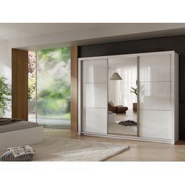 Kleiderschrank Home Affaire "LANDERY Garderobe mit Spiegel, 8 F&auml;cher, 2 Kleiderstangen, Beleuchtung", wei&szlig; hochgl&auml;nzend, B:257,8cm H:212cm T:66,6cm, Spanplatte, Schr&auml;nke, Kleiderschrank, Schiebet&uuml;renschrank mit 3 T&uuml;ren, Ma&szlig;e B/T/H: 252/67/213cm