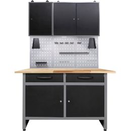 Werkstatt-Set ONDIS24, schwarz (anthrazit, schwarz, grau), B:120cm H:205cm T:60cm, Metall, Werkb&auml;nke, 120 cm, mit Lochwandsystem inkl. Haken, mit LED