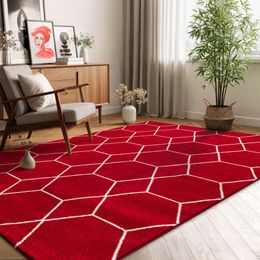 Teppich Sanat, B:160cm H:10mm L:230cmrot, Kunstfaser, Wohnzimmer, Teppiche, "Trellis, auch als L&auml;ufer und Rund", Kurzflor, skandi, boho, gro&szlig;e