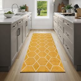 Teppich Sanat, B:80cm H:10mm L:200cmgelb, Kunstfaser, Wohnzimmer, Teppiche, "Trellis, auch als L&auml;ufer und Rund", Kurzflor, skandi, boho, gro&szlig;e