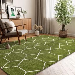 Teppich Sanat, B:60cm H:10mm L:110cmgr&uuml;n, Kunstfaser, Wohnzimmer, Teppiche, "Trellis, auch als L&auml;ufer und Rund", Kurzflor, skandi, boho, gro&szlig;e