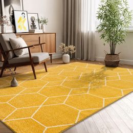 Teppich Sanat, B:80cm H:10mm L:150cmgelb, Kunstfaser, Wohnzimmer, Teppiche, "Trellis, auch als L&auml;ufer und Rund", Kurzflor, skandi, boho, gro&szlig;e