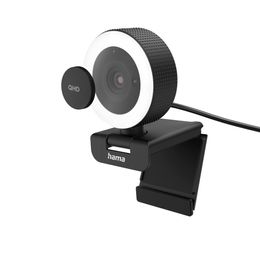 Hama Full HD-Webcam "Webcam mit Licht, Mikrofon, Fernbedienung (PC-Kamera USB, QHD, 2560p)", schwarz, Camcorder, Beleuchtung, Neigbar, Drehbar,