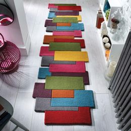 L&auml;ufer FLAIR RUGS, B:60cm H:11mm L:230cm, bunt, Wolle, Flur, Teppiche, "Abstract Collage, 100% Wolle, Karo Design", Patchwork, modern, mehrfarbig,