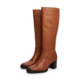 Tommy Hilfiger Damen Stiefel "STACKED HEEL LEATHER LONG BOOT", Gr. 39braun, Glattleder, Schuhe, Blockabsatz, Langschaftstiefel mit goldfarbenem