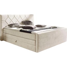 Boxspringbett Home Affaire "Atlanta", beige (creme), B:200cm L:221cm, Kunststoff, Massivholz, Stoff, Komplettbetten, Boxspringbett, inklusive Topper und Bettkasten