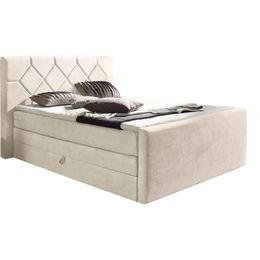 Boxspringbett Home Affaire "Atlanta", beige (creme), B:140cm L:221cm, Kunststoff, Massivholz, Stoff, Komplettbetten, Boxspringbett, inklusive Topper und Bettkasten