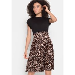 Jerseykleid Lascana, Damen, Gr. 36, N-Gr, schwarz (schwarz, leo, bedruckt), Jersey, Obermaterial: 100% Viskose, bedruckt, figurumspielend kniefrei, Rundhals, Kleider Jerseykleid, mit Gummibund und R&uuml;schenkante in der Taille, Leoprint