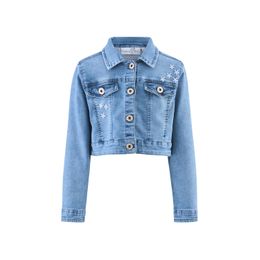 Jeansjacke happy girls, M&auml;dchen, Gr. 122, blau (jeans blau), Denim/Jeans, Obermaterial: 98% Baumwolle, 2% Elasthan, unifarben, regular fit taillenbedeckt, 1-Knopf-Manschette mit Schlitz, Jacken Jeansjacke, mit tollen Bl&uuml;tenstickereien