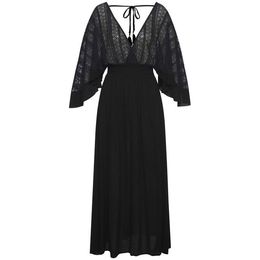 Lascana Maxikleid schwarz Gr. 36 f&uuml;r Damen. Tiefer V-Ausschnitt und Spitze, Kordel, Quasten. Figurumspielend. Nachhaltig.