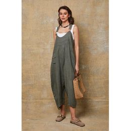 Fleur de Lin Leinen-Latzhose "Bridget" in Khaki - 76% | Gr&ouml;&szlig;e XL | Damenhosen