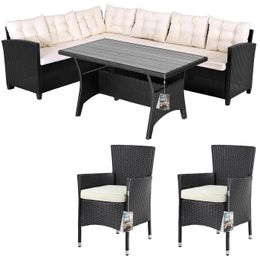 Casaria Polyrattan Ecklounge Lissabon Schwarz/Creme inkl 2 St&uuml;hlen
