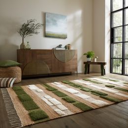 Teppich FLAIR RUGS, B:120cm H:22mm L:170cm, gr&uuml;n, Jute, Wolle, Wohnzimmer, Teppiche, "Medina Blocks, mit abstrakten Linien", aus Jute/-und