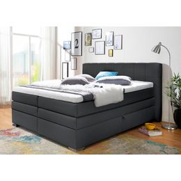 Boxspringbett Home Affaire, B:200cm L:210cm, schwarz, Kunstleder, Kunststoff, Massivholz, Komplettbetten, "Airdrie", inkl. Bettkasten und Topper