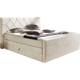 Boxspringbett Home Affaire, B:200cm L:221cm, beige, Kunststoff, Massivholz, Stoff, Komplettbetten, "Atlanta", inklusive Topper und Bettkasten