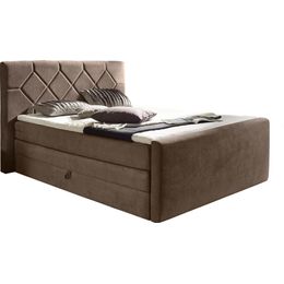 Boxspringbett Home Affaire, B:140cm L:221cm, grau, Kunststoff, Massivholz, Stoff, Komplettbetten, "Atlanta", inklusive Topper und Bettkasten