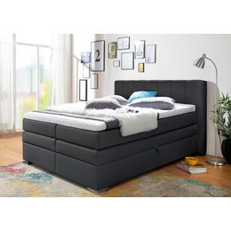 Boxspringbett Home Affaire, B:140cm L:210cm, schwarz, Kunstleder, Kunststoff, Massivholz, Komplettbetten, "Airdrie", inkl. Bettkasten und Topper