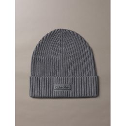 Calvin Klein Damen Strickm&uuml;tze "PATCH CHUNKY RIB COTTON BEANIE"iron gate, unifarben, Strick, Baumwollmischung, M&uuml;tzen, mit Markenlogo