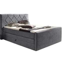 Boxspringbett Home Affaire, B:140cm L:221cm, grau, Kunststoff, Massivholz, Stoff, Komplettbetten, "Atlanta", inklusive Topper und Bettkasten