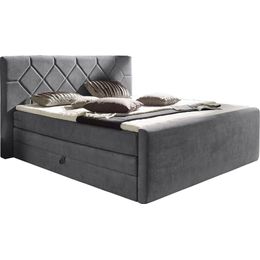 Boxspringbett Home Affaire, B:200cm L:221cm, grau, Kunststoff, Massivholz, Stoff, Komplettbetten, "Atlanta", inklusive Topper und Bettkasten