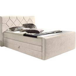 Boxspringbett Home Affaire, B:160cm L:221cm, beige, Kunststoff, Massivholz, Stoff, Komplettbetten, "Atlanta", inklusive Topper und Bettkasten