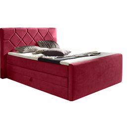 Boxspringbett Home Affaire, B:140cm L:221cm, rot, Kunststoff, Massivholz, Stoff, Komplettbetten, "Atlanta", inklusive Topper und Bettkasten
