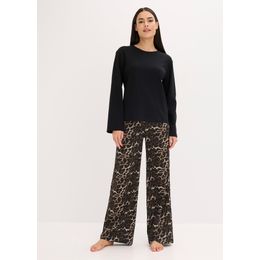 bonprix Pyjama mit Rippshirt und weiter Hose, schwarz, Oberteil: 100% Baumwolle,Rippware,Unterteil: 100% Baumwolle