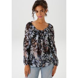 Aniston CASUAL Damen Schlupfbluse, schwarz, Gr. 44, bedruckt, gebl&uuml;mt, leicht transparent, Georgette, Obermaterial: 100% Polyester, Blusen, mit