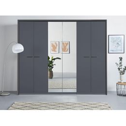 Dreht&uuml;renschrank Rauch "Kleiderschrank Schrank Garderobe W&auml;scheschrank Ankleide OTELI", grau (graumetallic), B:275cm H:212cm T:58cm, Holzwerkstoff, Schr&auml;nke, Dreht&uuml;renschrank, mit Mittelspiegel und Passepartout optional mit Beleuchtung